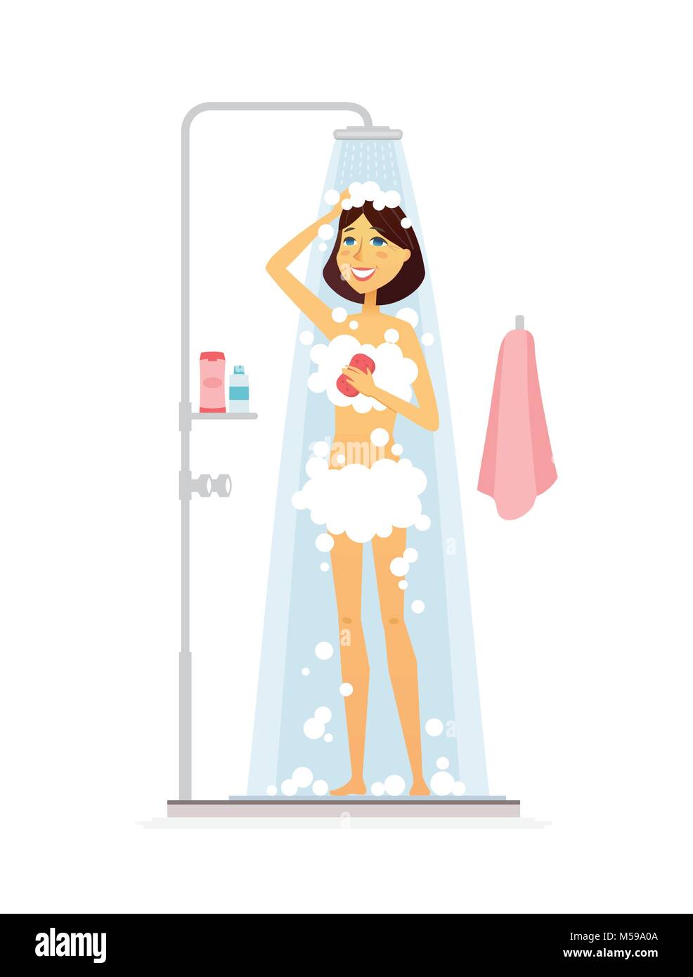 Young Woman Taking A Shower Cartoon People Character Isolated