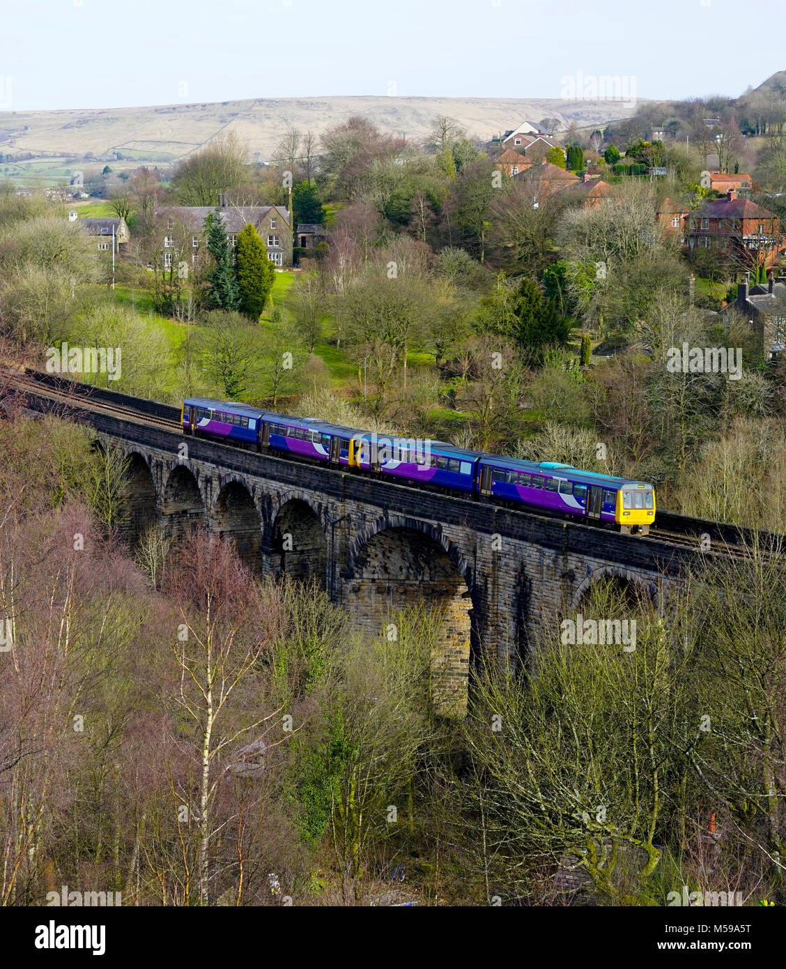 Trans-Pennine train at Uppermill viaduct Brownhill, Uppermill ...