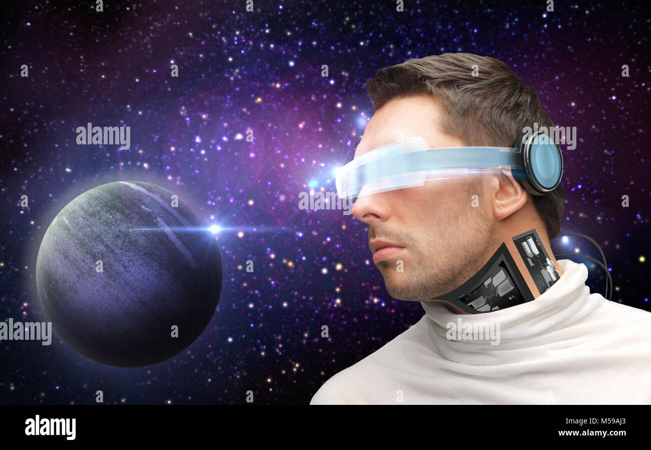 male robot in 3d glasses and sensors over space Stock Photo - Alamy