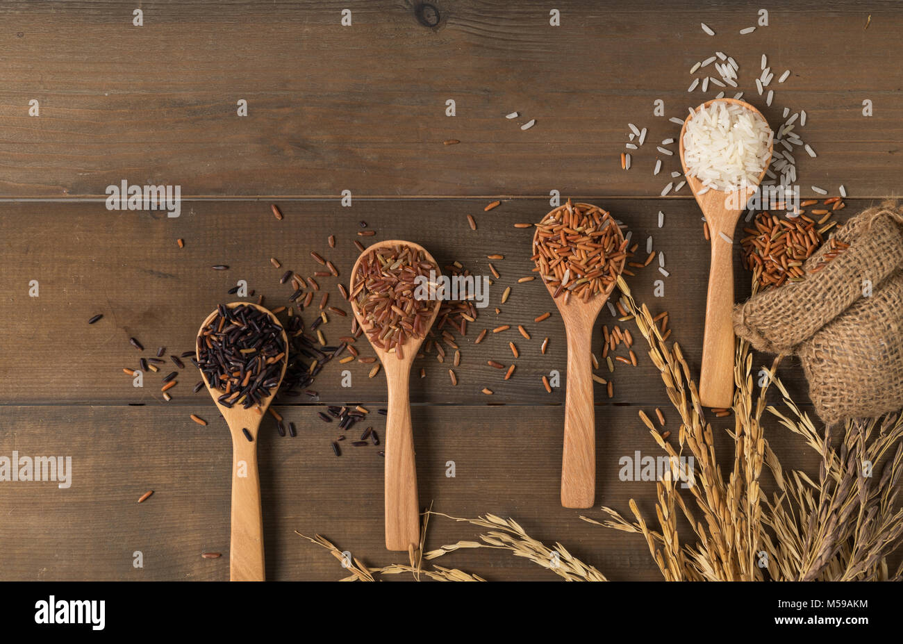 Row of white jasmine rice with various rice: Rice berry, brown and thai ...