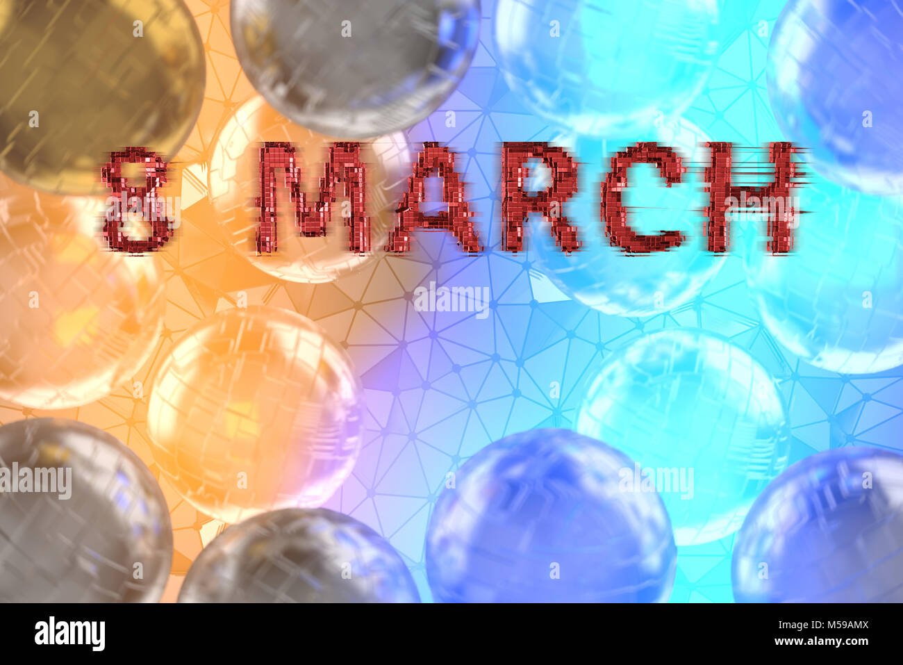 Glitch 8 March symbol. Figure of eight made of red steel city blocks ...