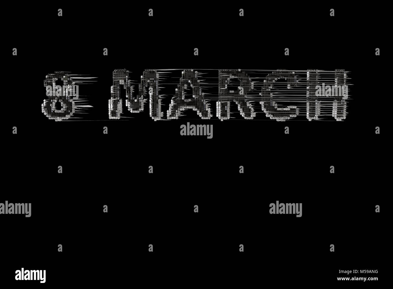 Glitch 8 March symbol. Figure of eight made of black silver city blocks ...