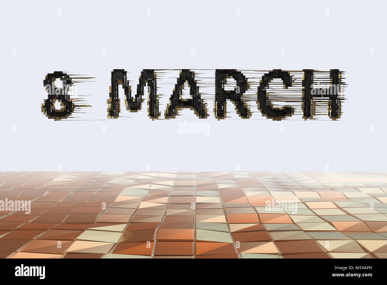 Glitch 8 March symbol. black gold Figure of eight made of city blocks ...