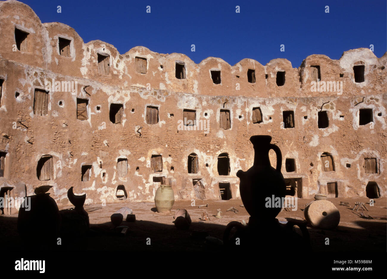 Libya. Qasr Al-Hadj. Sahara desert. Fortified stone granaries to store ...