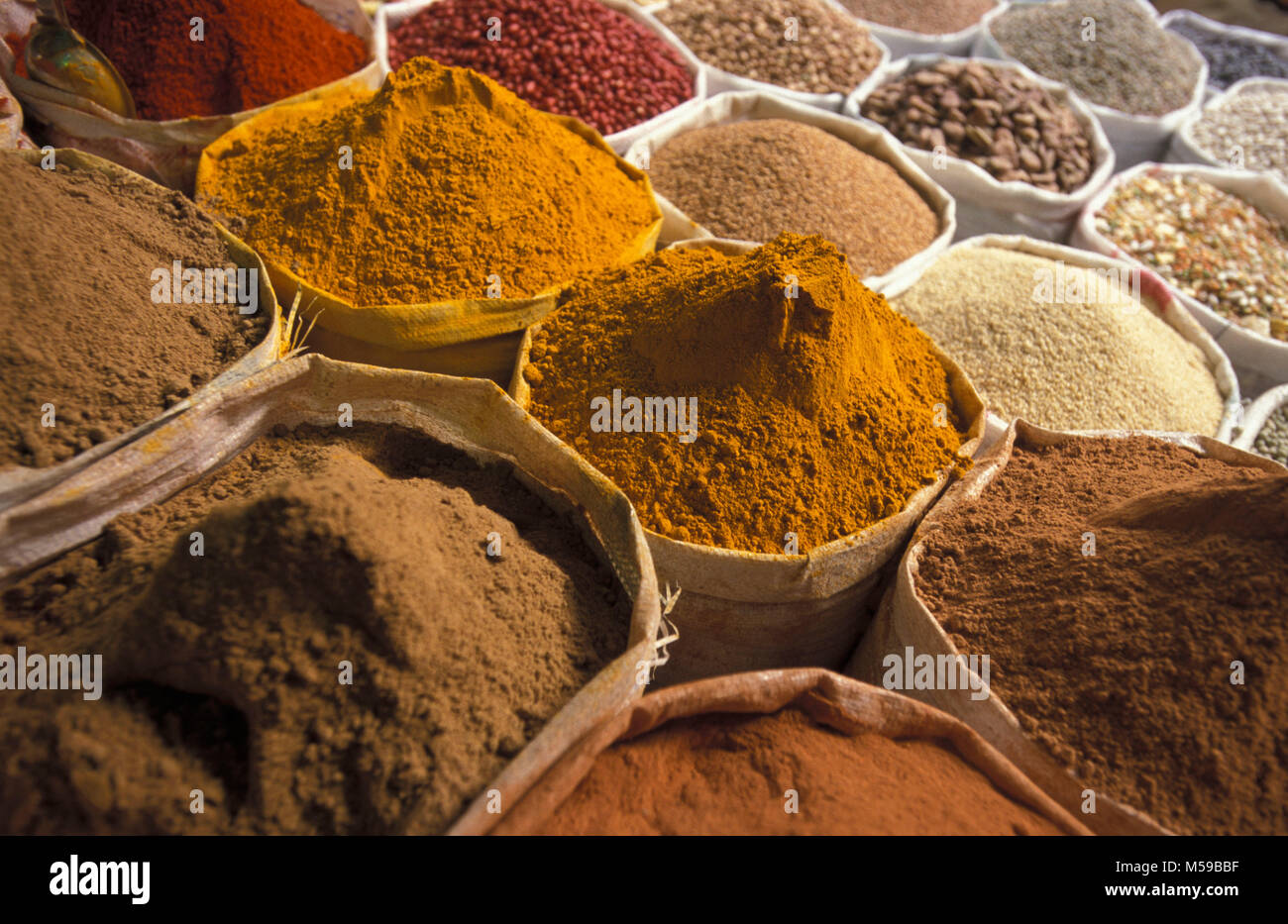 Libya. Tripoli. Old City. Spices in sacks in market Stock Photo - Alamy