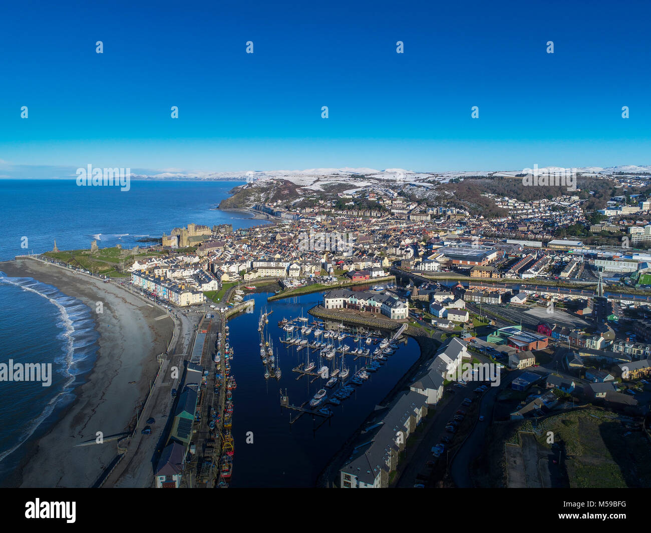 Drone photograph of Aberystwyth harbour and marina in the snow ...
