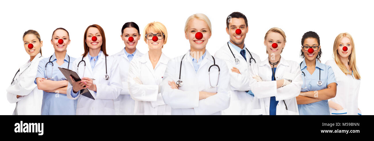 group of smiling doctors at red nose day Stock Photo - Alamy