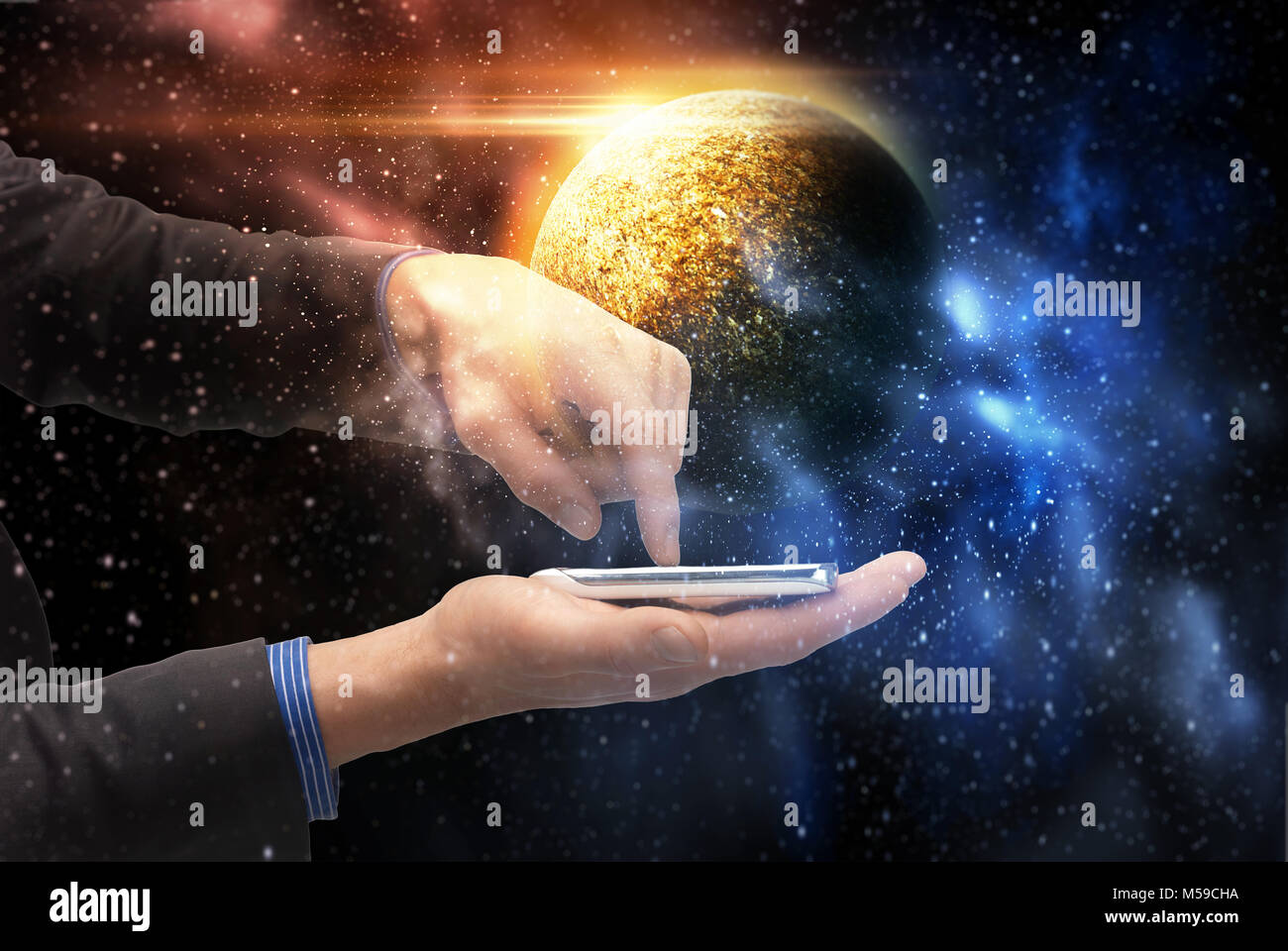 hands holding smartphone over planet in space Stock Photo - Alamy