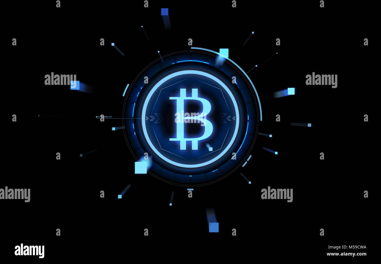 blue bitcoin projection over black background Stock Photo - Alamy