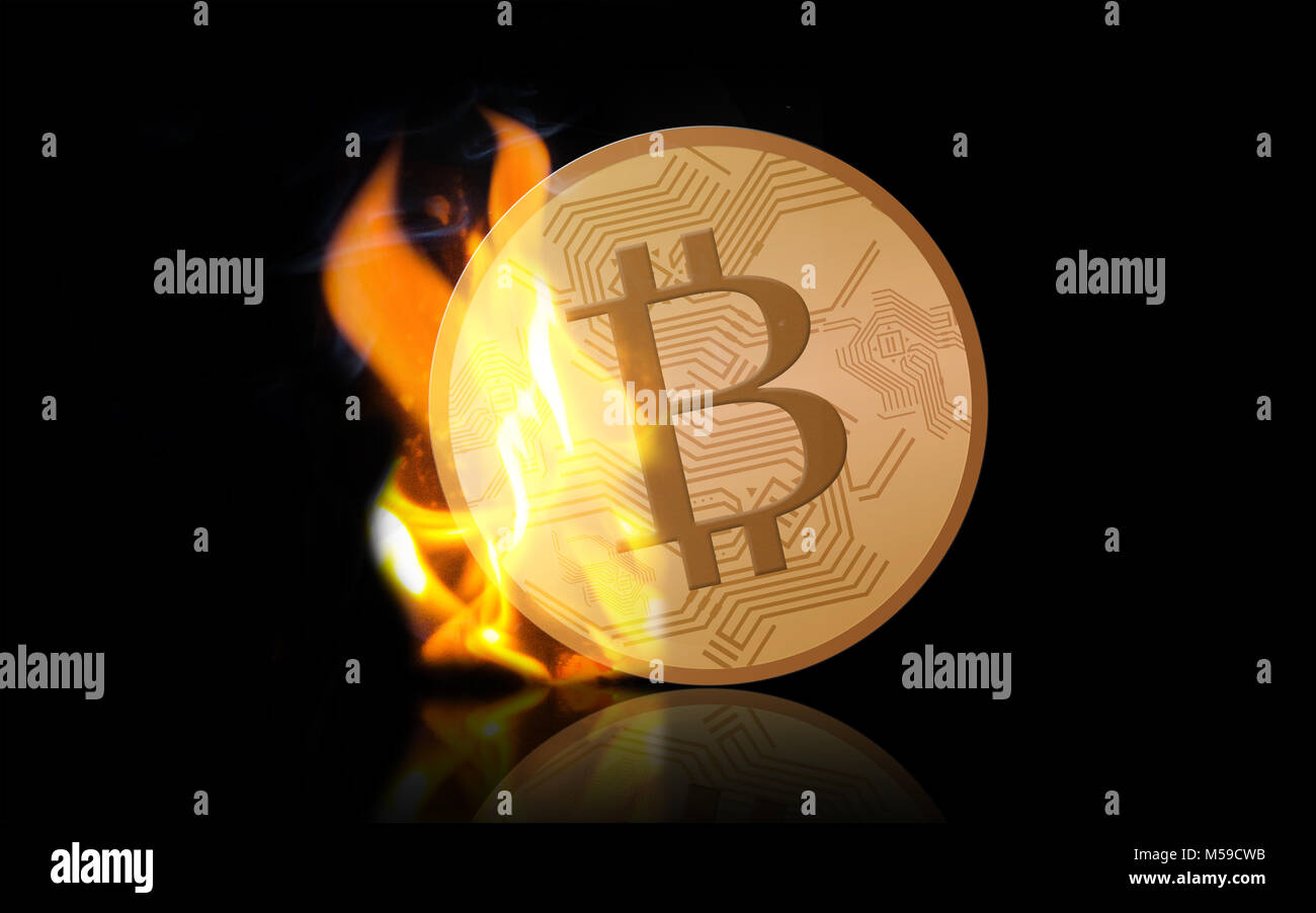 gold bitcoin on fire over black background Stock Photo - Alamy