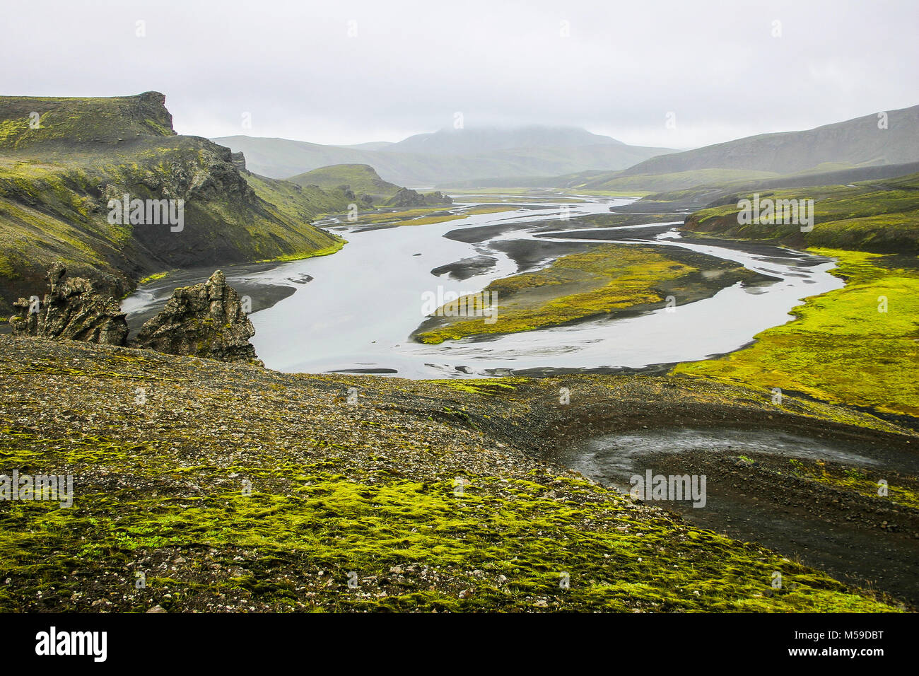 landscape with lakes, rivers and waterfalls in green iceland Stock ...