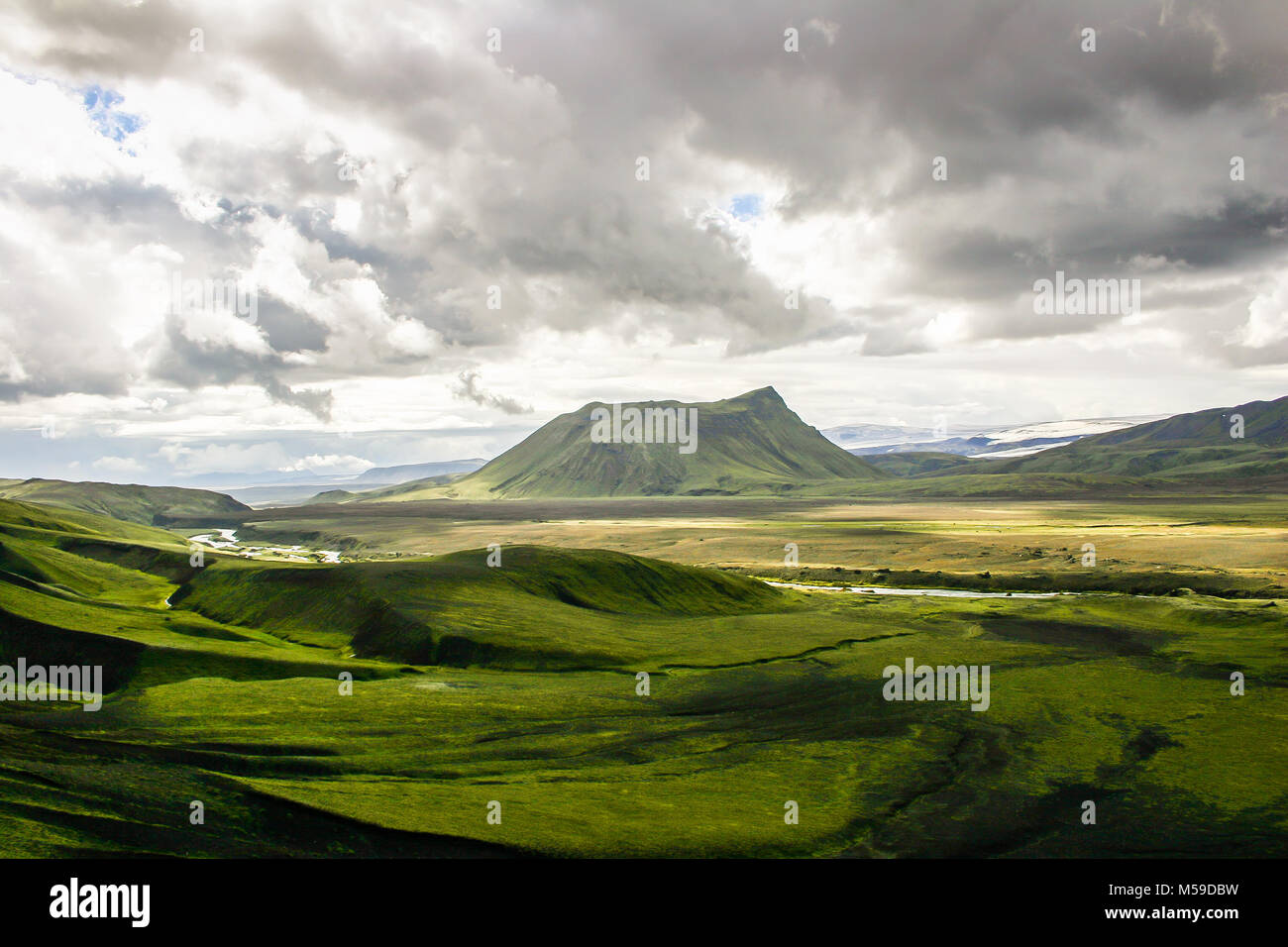landscape with lakes, rivers and waterfalls in green iceland Stock ...