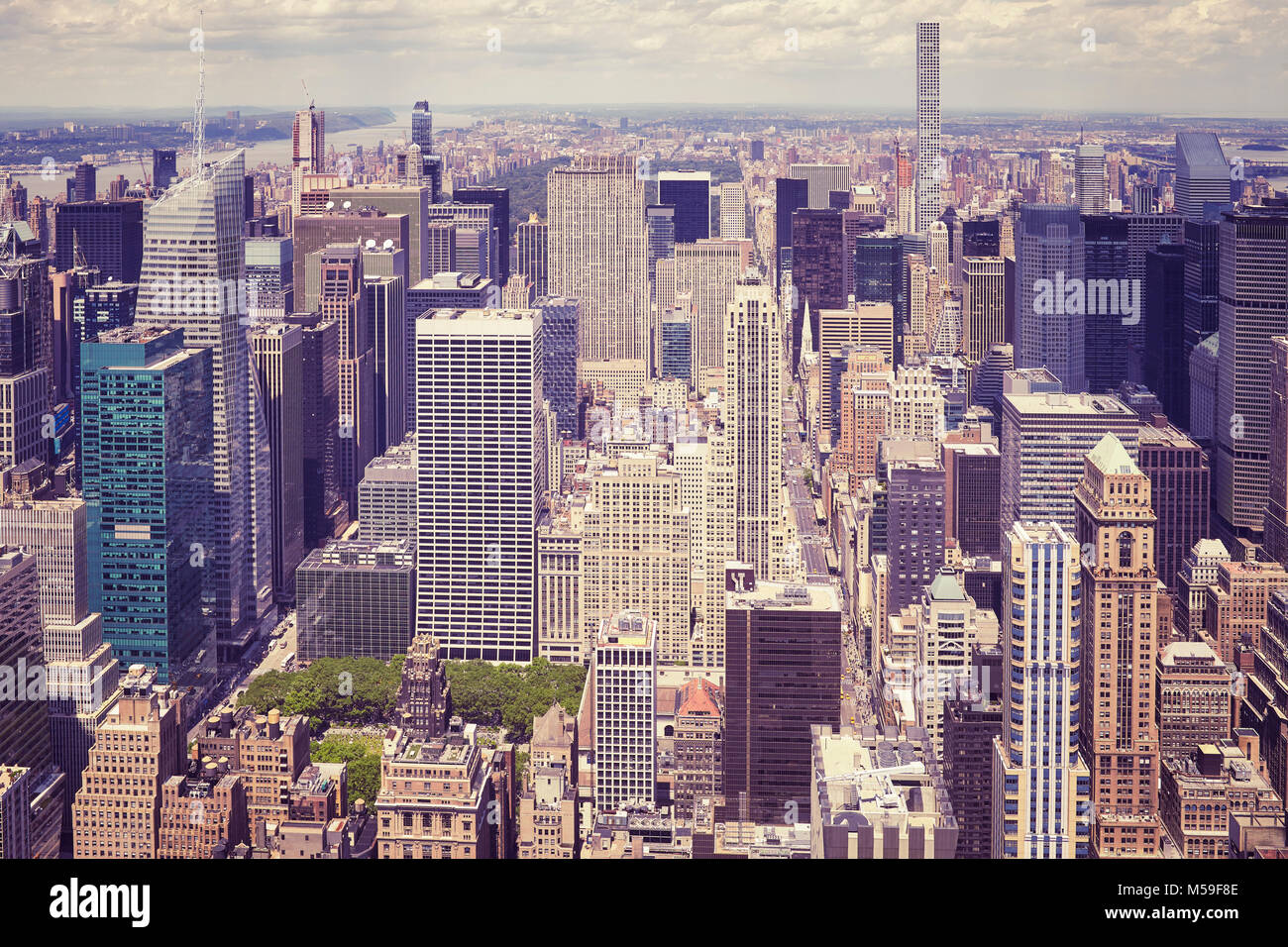 Aerial view of the heart of Manhattan, color stylized picture, New York ...