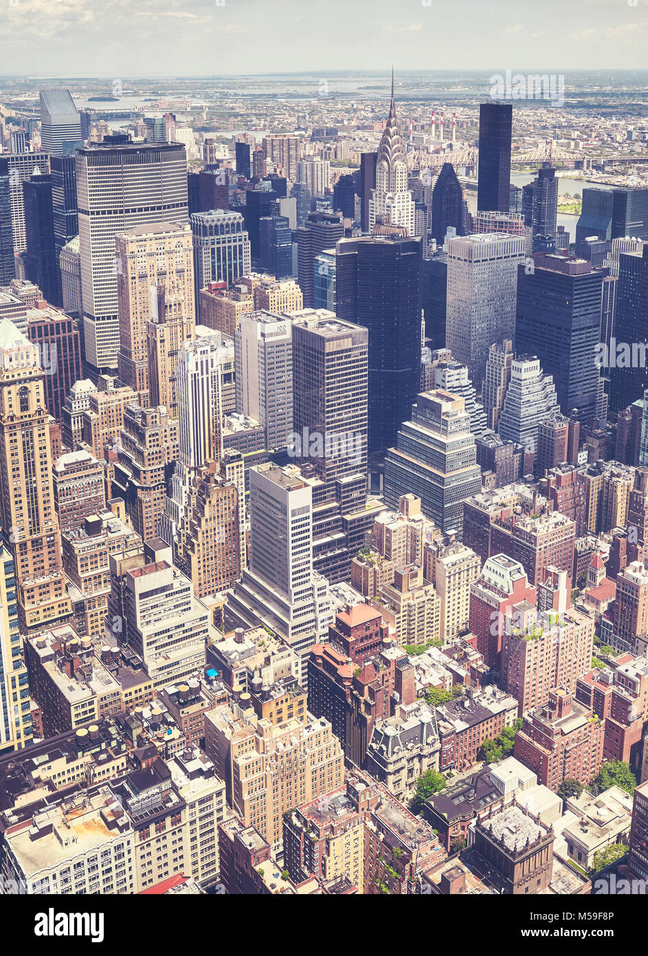 Aerial view of the heart of Manhattan, color stylized picture, New York ...