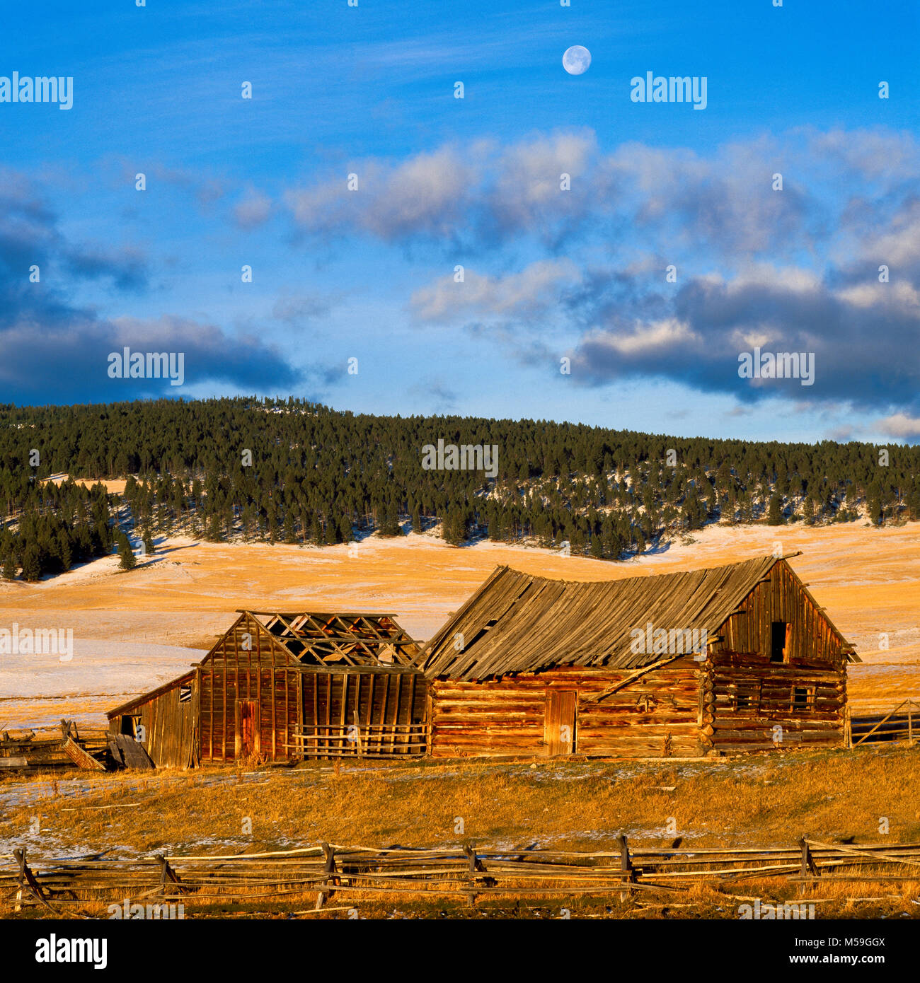 moon over old barns below the garnet range near avon, montana Stock ...
