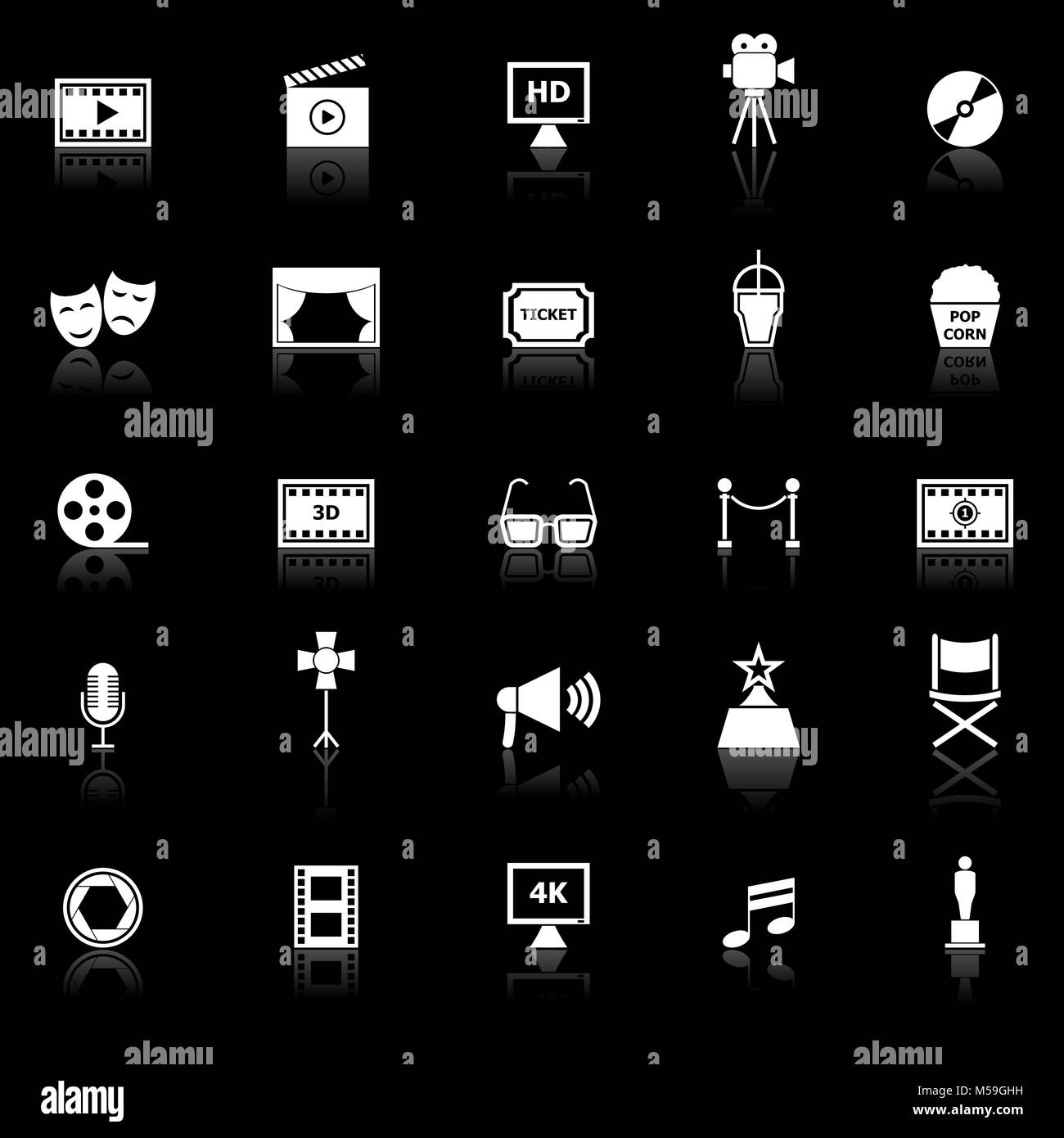 Movie icons with reflect on black background, stock vector Stock Vector ...