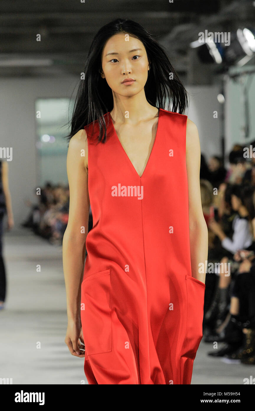 NEW YORK, NY - FEBRUARY 11: Model Yue Han walks the runway at the Tibi ...