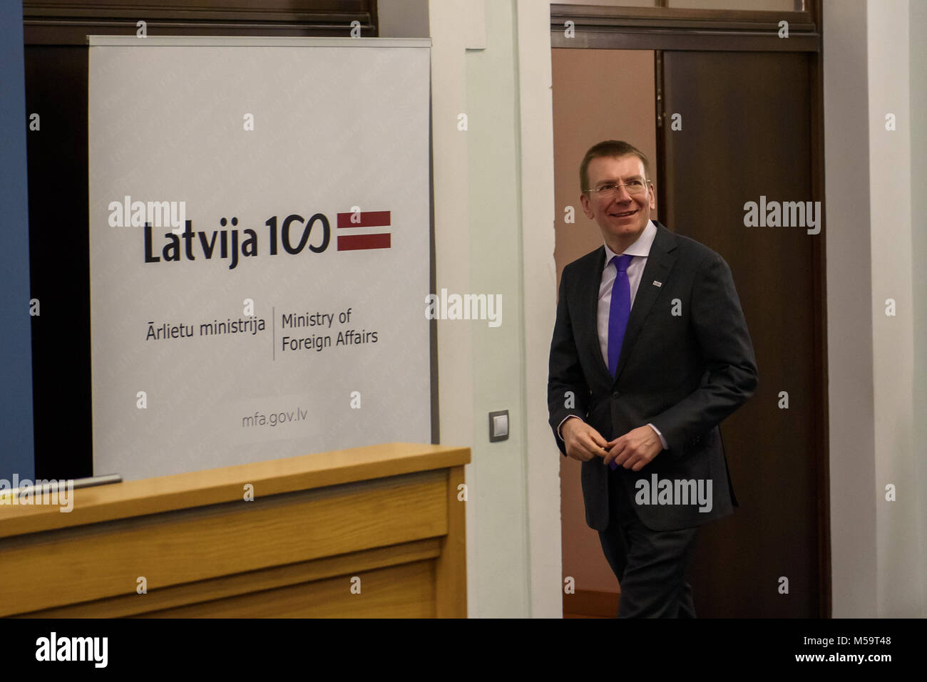Riga, Latvia. 21st Feb, 2018. Press conference after Latvian minister ...