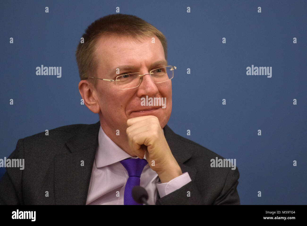 Riga, Latvia. 21st Feb, 2018. Press conference after Latvian minister ...