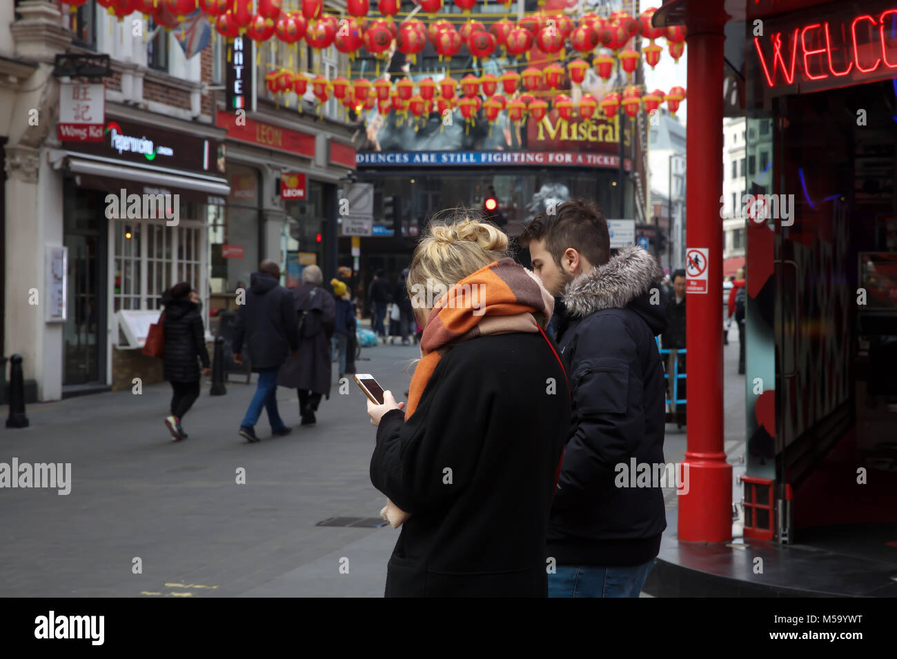 London, UK. 21st Feb, 2018. Dull and overcast day in London as people ...