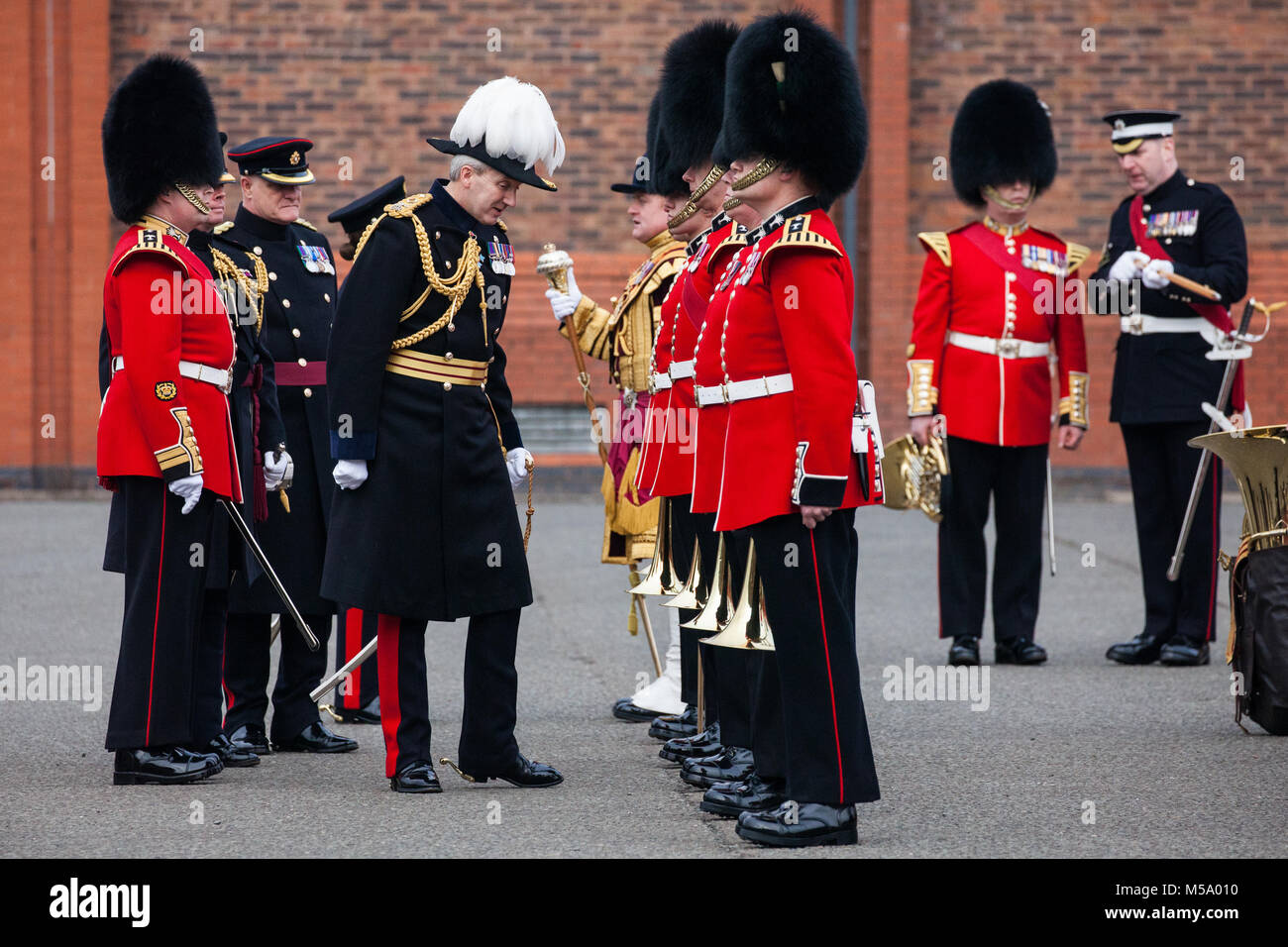 Windsor, UK. 21st February, 2018. The 1st Battalion Coldstream Guards ...