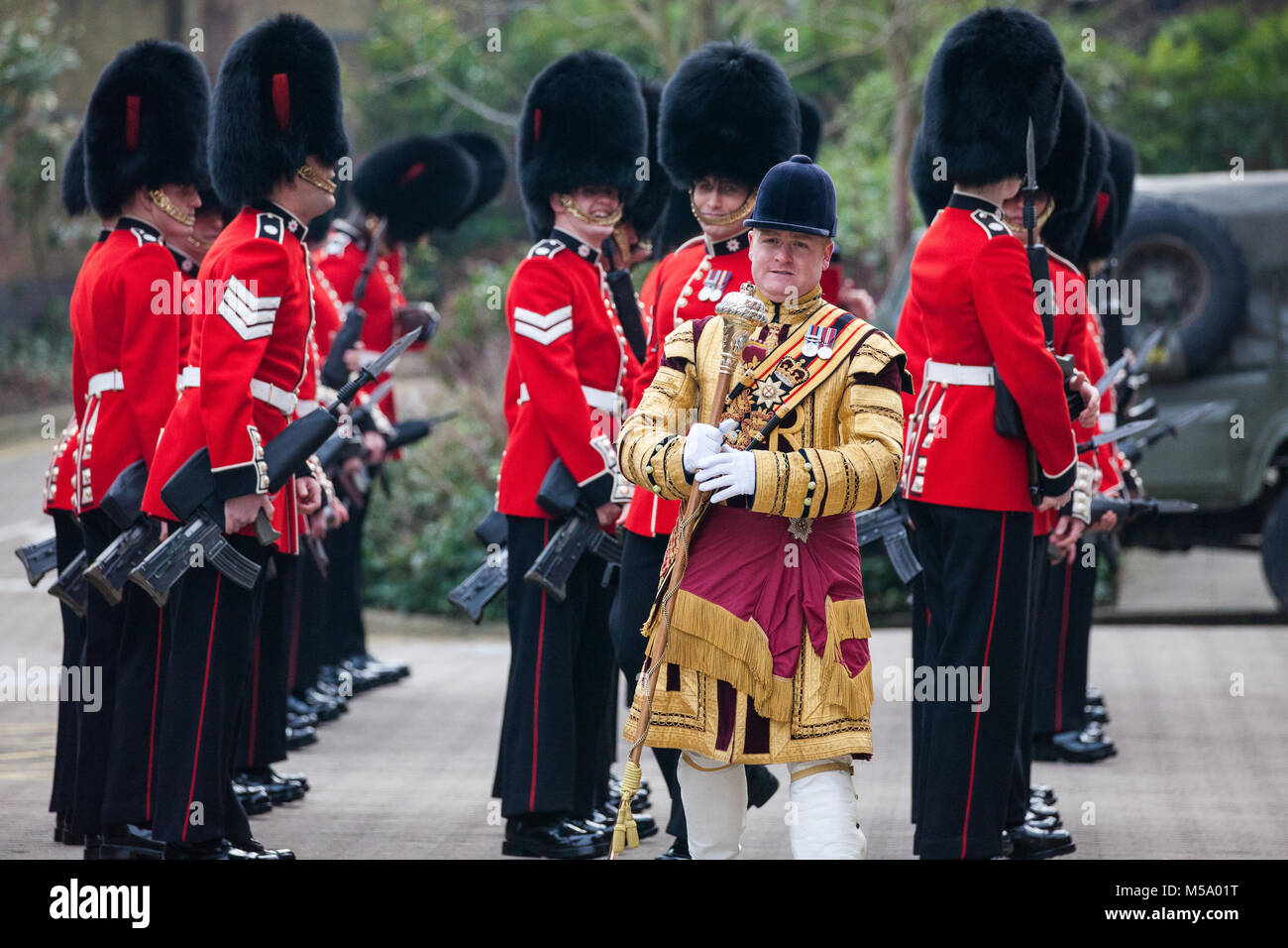 Windsor, UK. 21st February, 2018. Drum Major Liam Rowley shares a ...