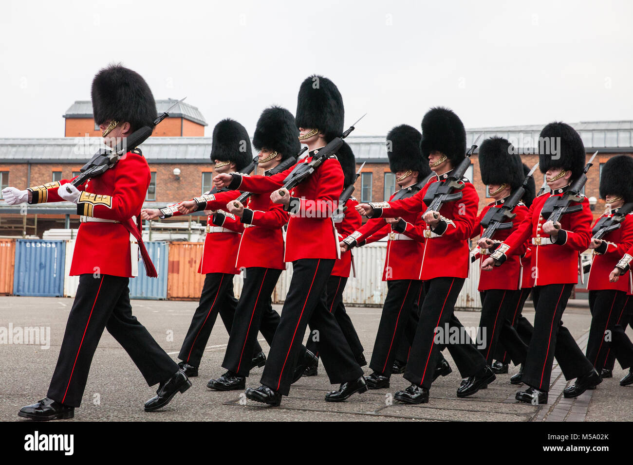 Windsor, UK. 21st February, 2018. The 1st Battalion Coldstream Guards ...