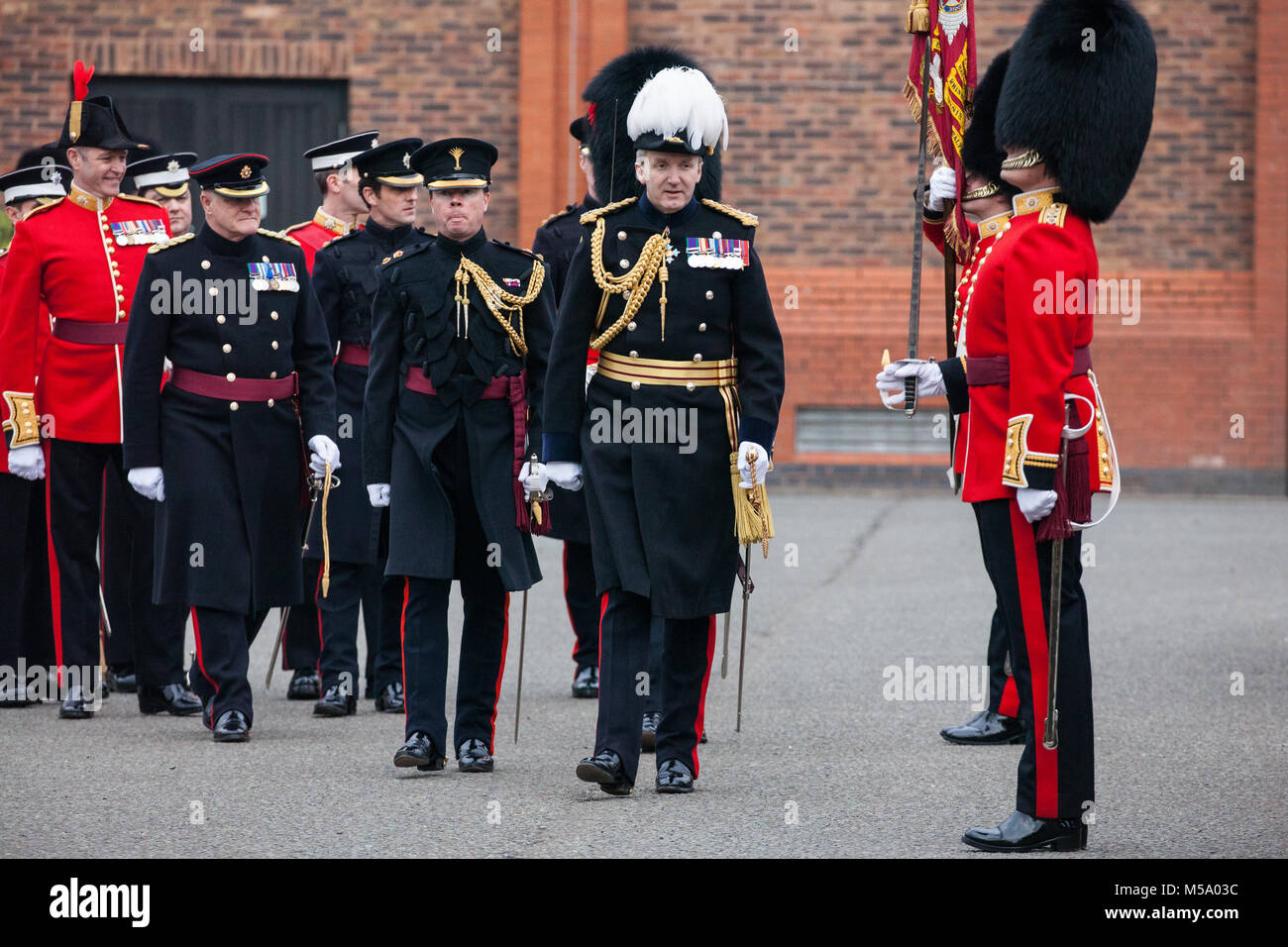 Windsor, UK. 21st February, 2018. The 1st Battalion Coldstream Guards ...