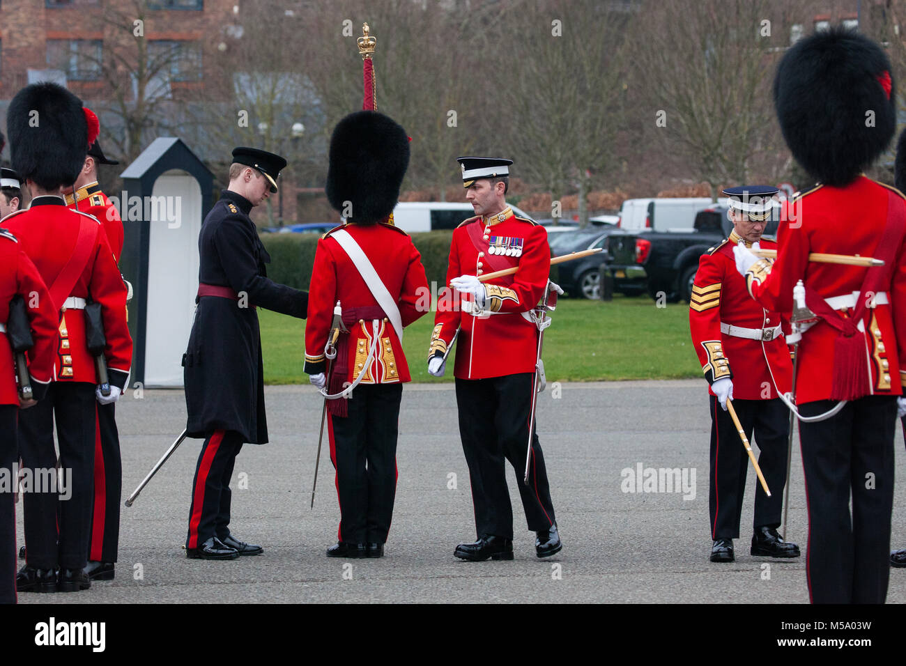 Windsor, UK. 21st February, 2018. The 1st Battalion Coldstream Guards ...