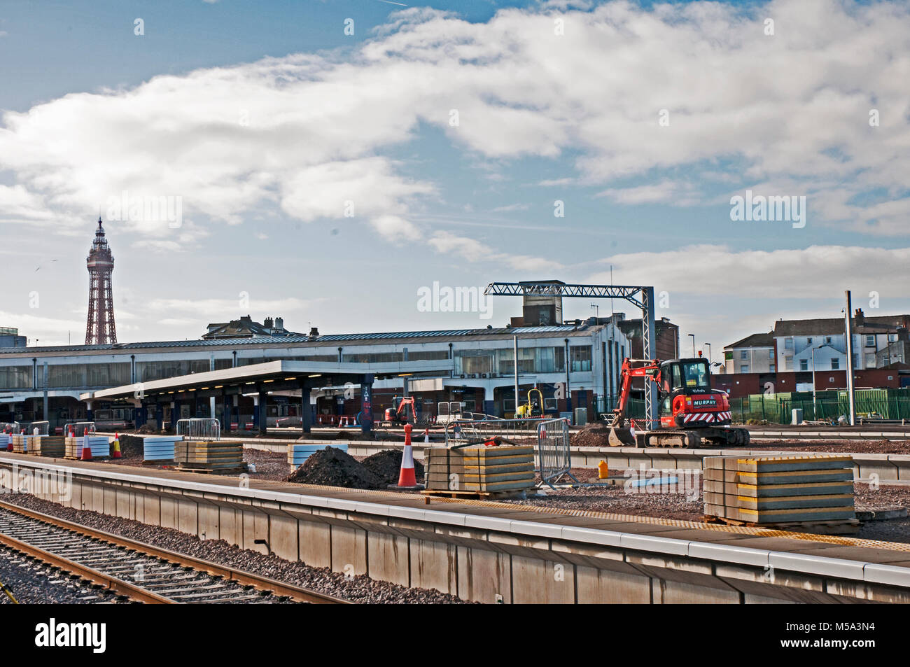 Preparing Platforms and overhead gantrys at Blackpool North station for ...