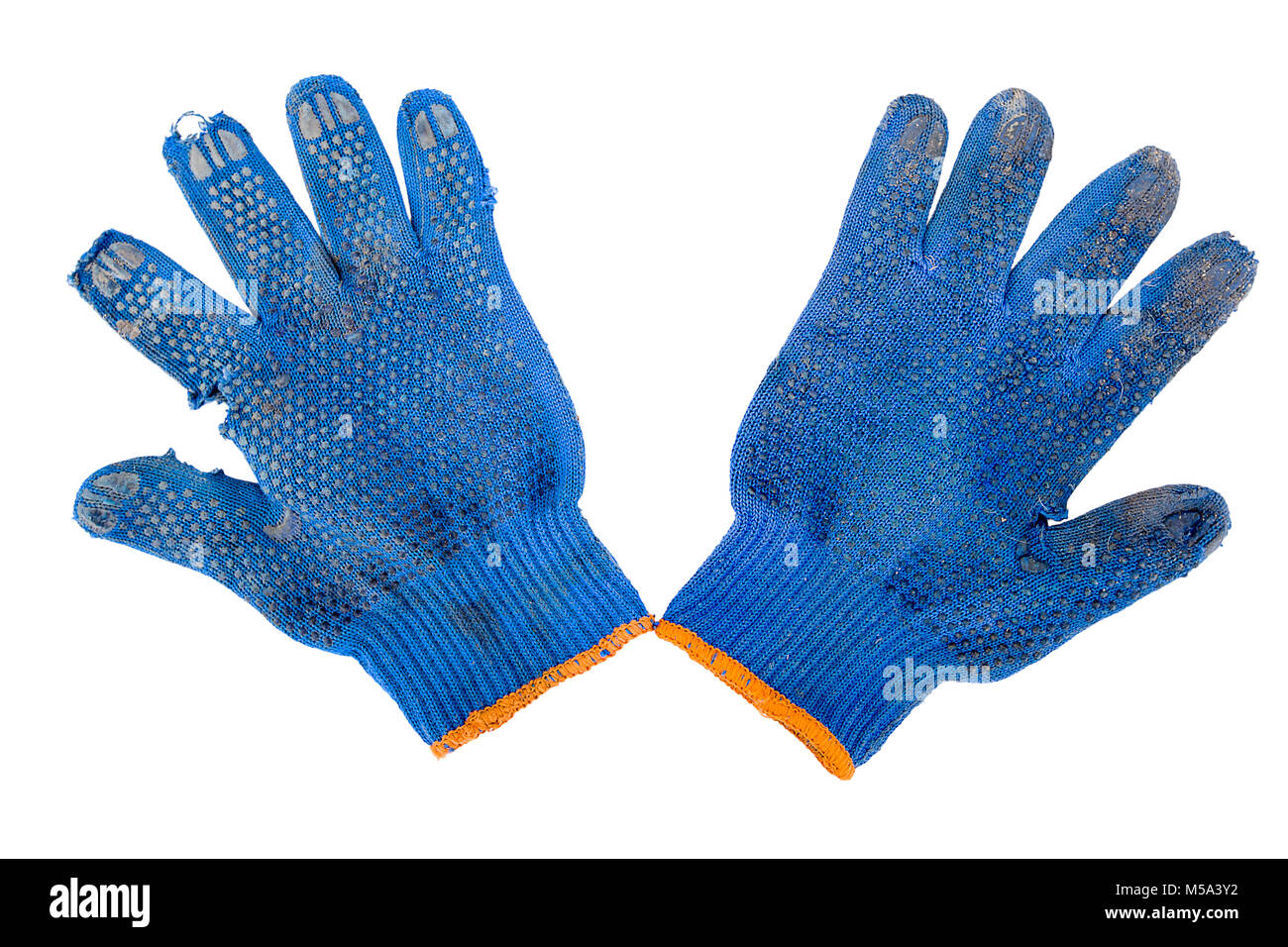 a pair of torn blue gloves on a white background Stock Photo - Alamy