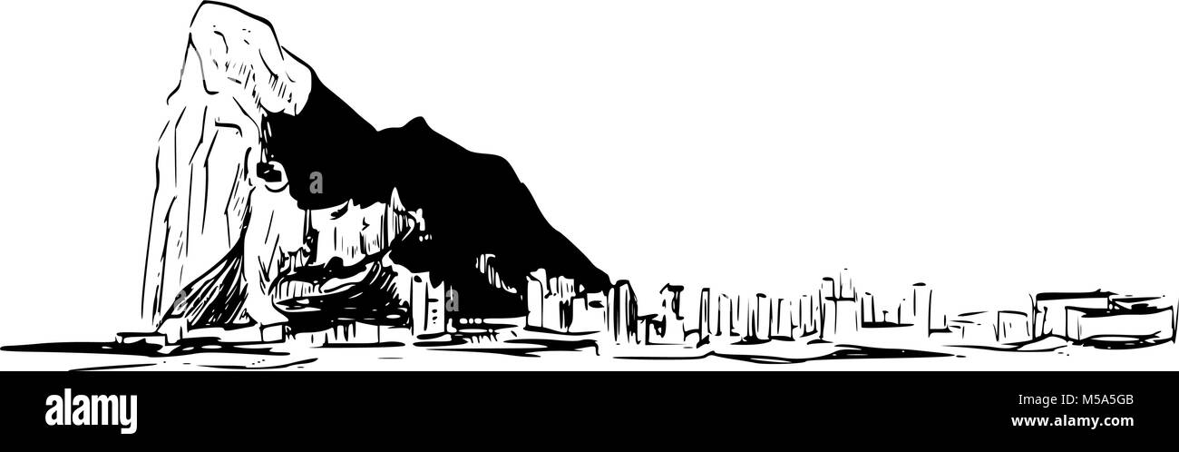 The Rock of Gibraltar. Black and white linear hand drawn illustration ...