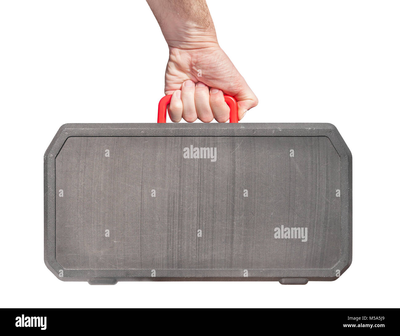 Hand holding plastic aged suitcase isolated on white Stock Photo - Alamy