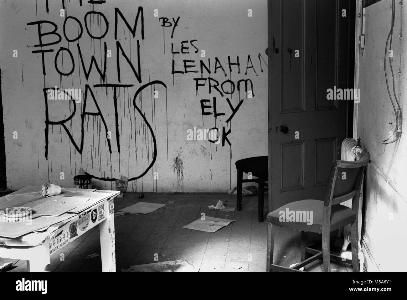 UK, Wales, Cardiff, City Centre, Bridge Street, Boomtown Rats grafitti ...