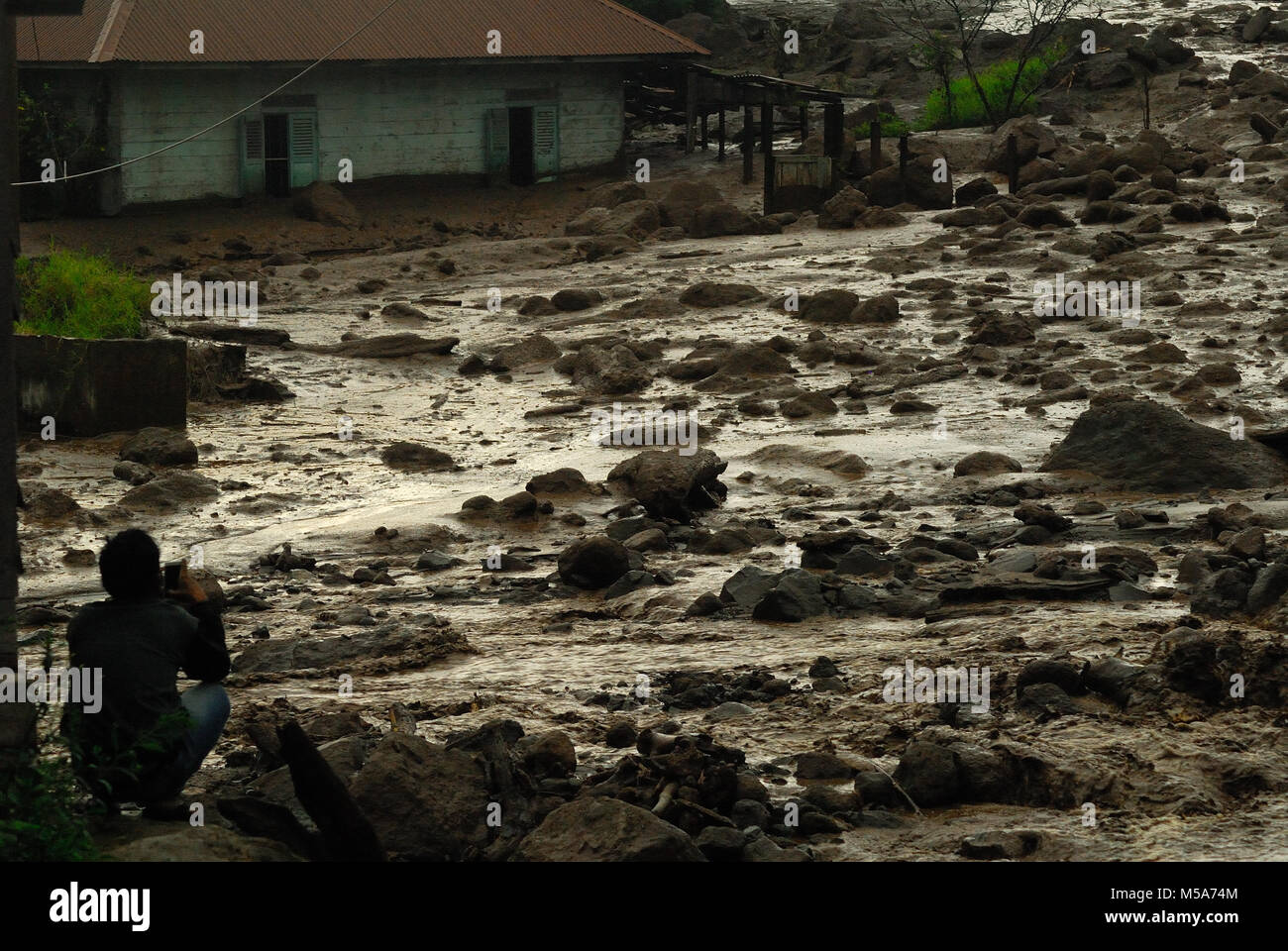 Indonesia. 21st Feb, 2018. Cold lava floods as a result of the eruption ...
