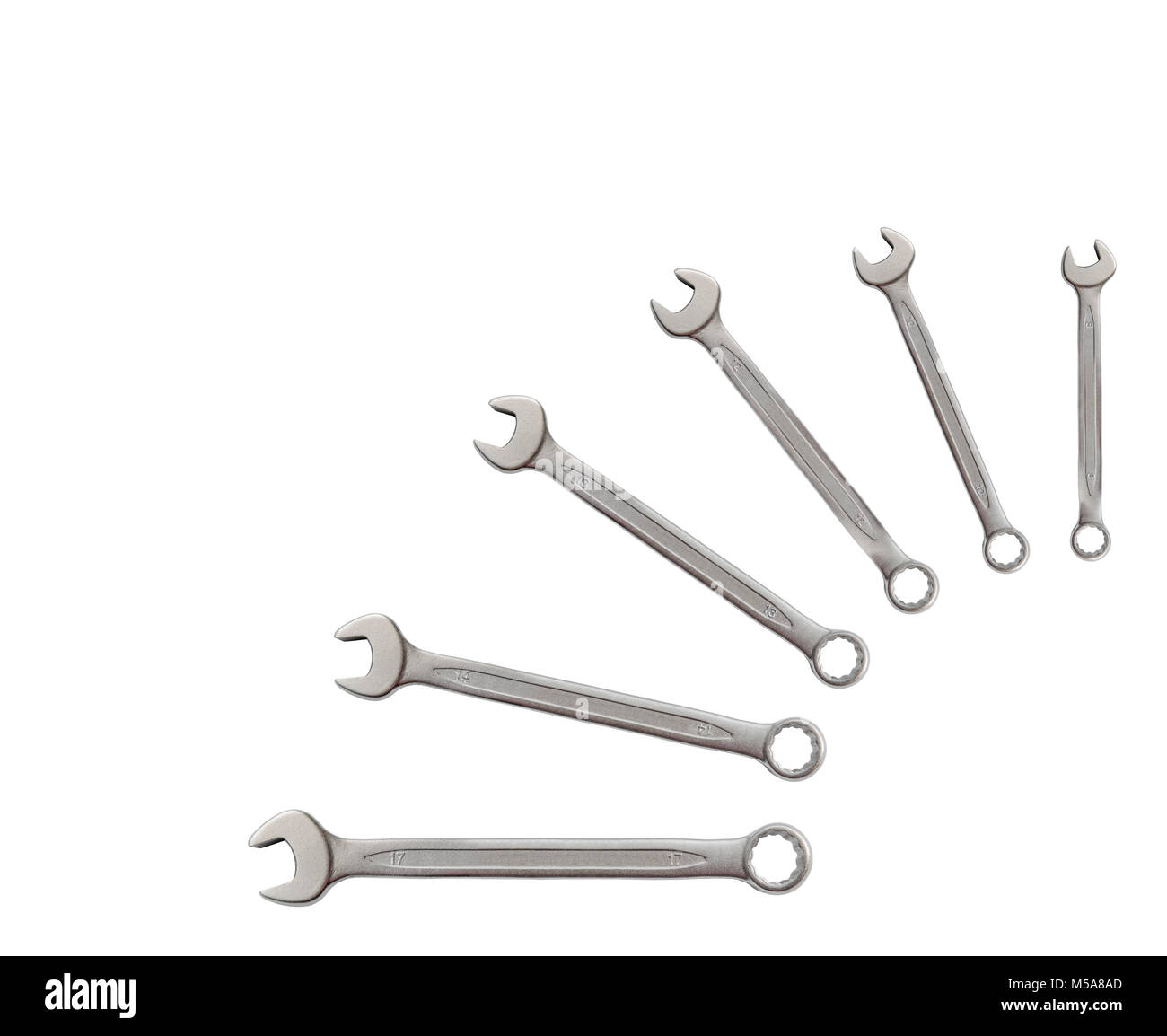 Row of mechanic silver metal tool wrench for repair isolated on white ...