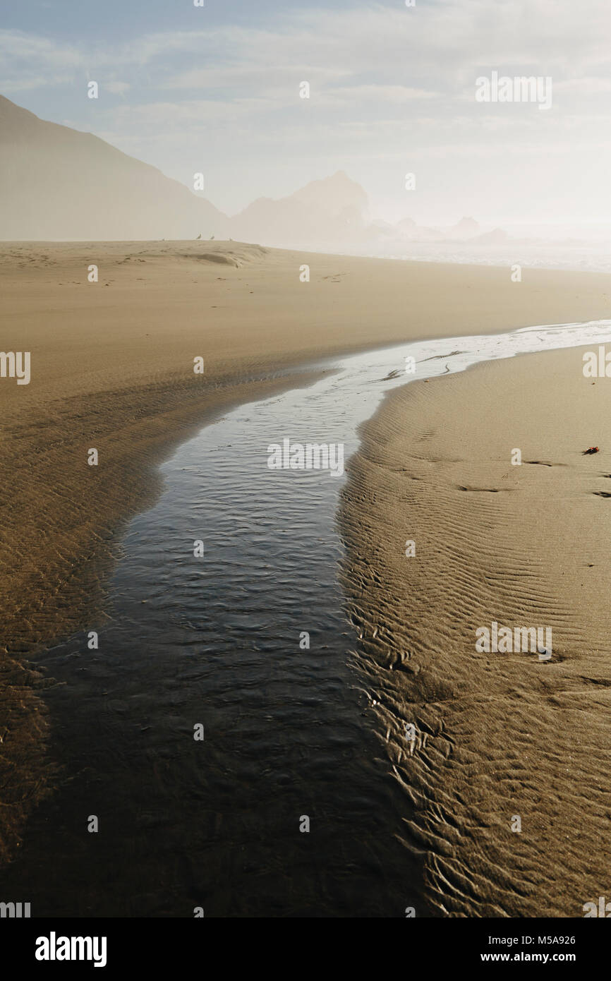 Small inlet on sandy beach near ocean at dusk, rocks and cliff in the ...