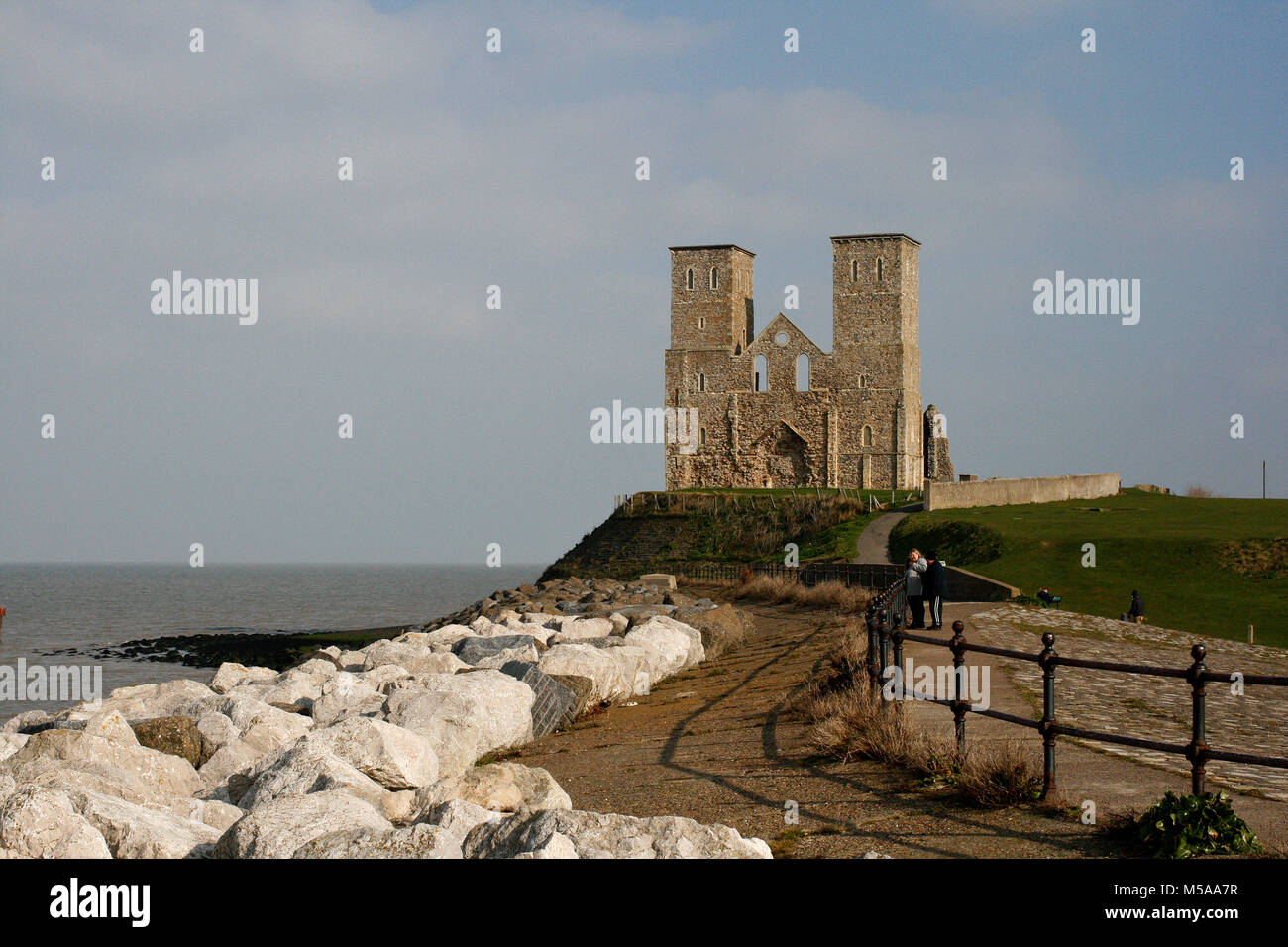 reculver bay coastal resort showing the twin towers of st marys church ...