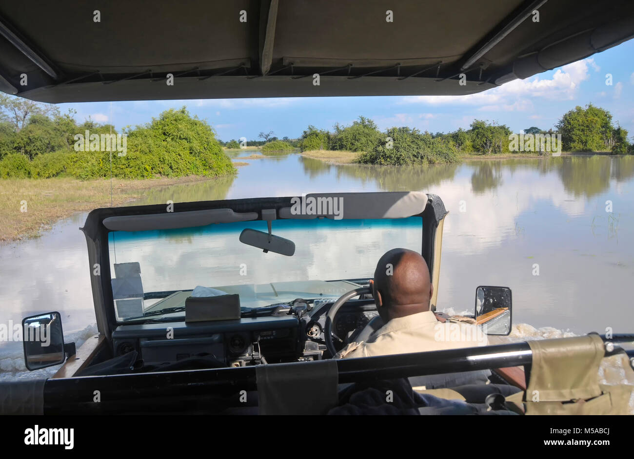 A safari vehicle driving through water in the Okavango Delta in ...
