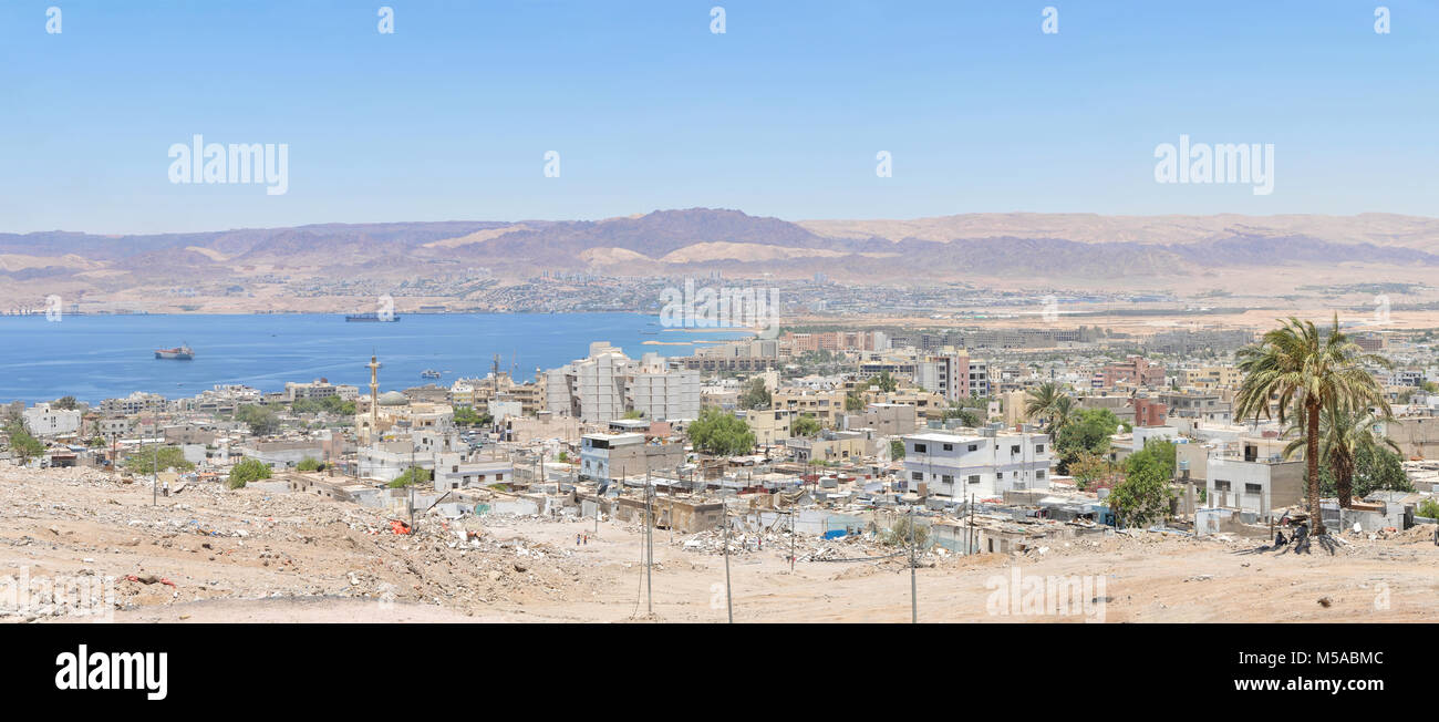 A panoramic view of Aqaba in Jordan the Middle East with the red sea ...