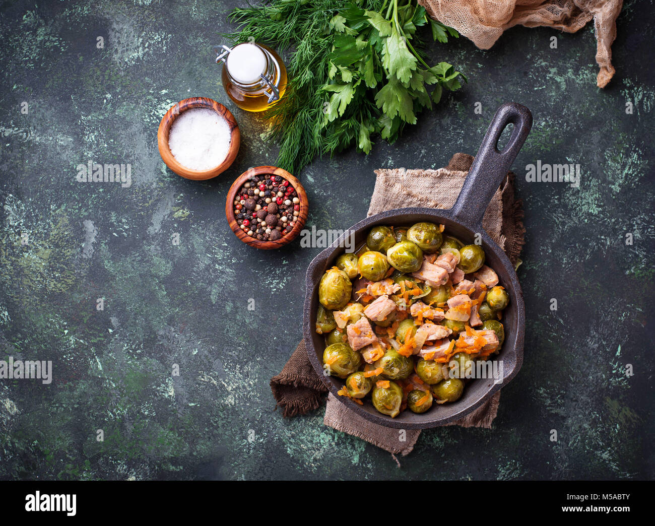 Roasted brussels sprouts with meat Stock Photo - Alamy