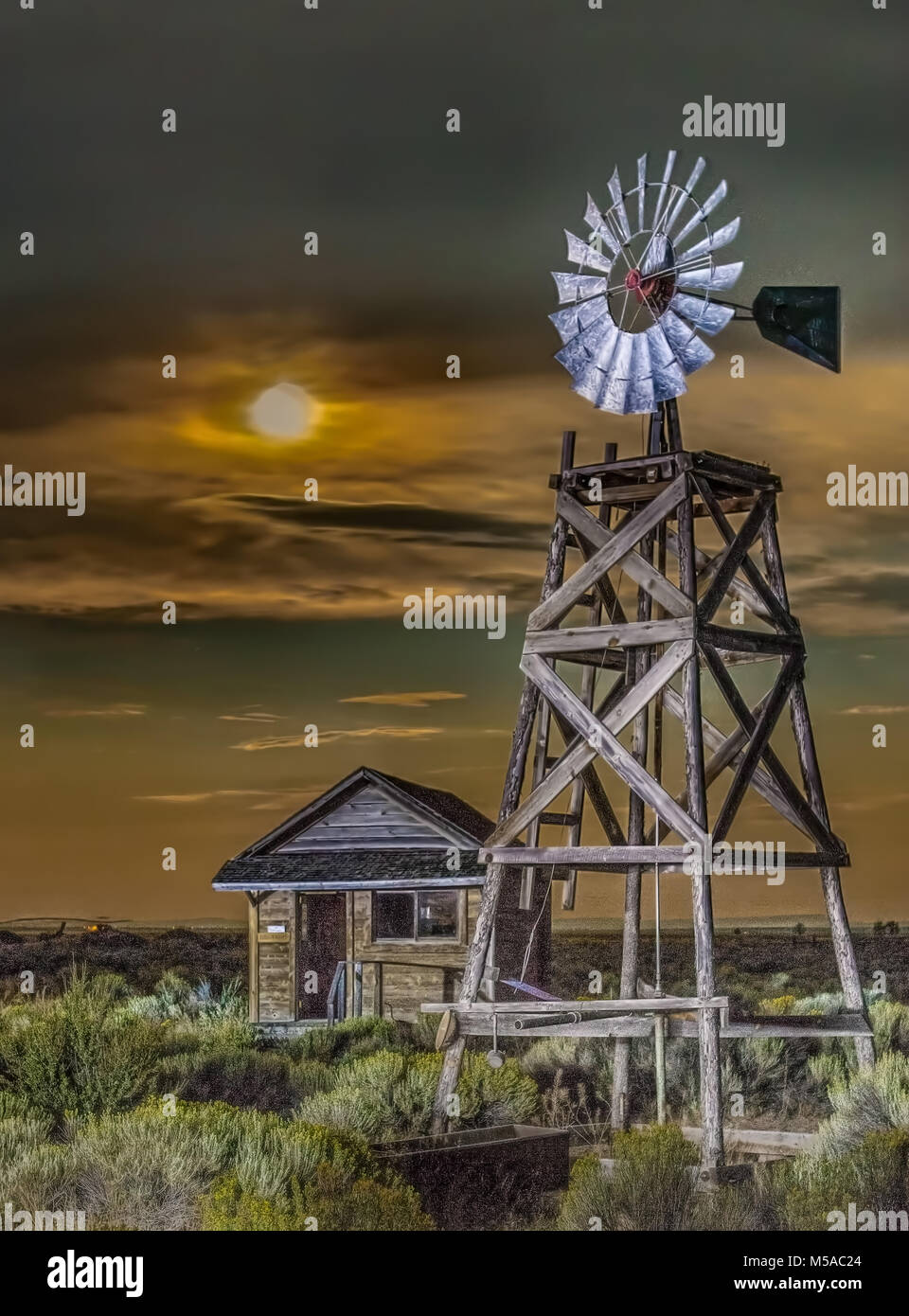 USA Fort Rock Historic Village Wind Mill At Full Moon in Central Oregon ...