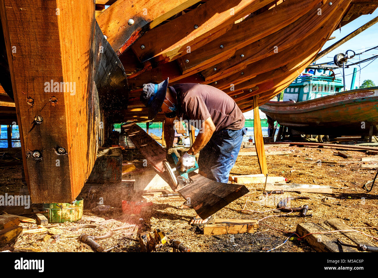 Worker in Shipyard. Shipyard industry ,( ship building) Big ship on ...