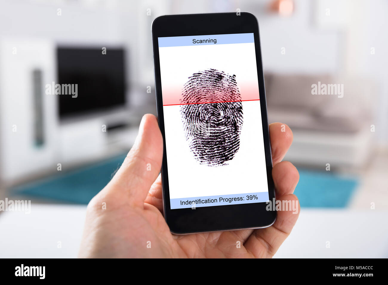 Person's Hand With Mobile Phone Showing Process Of Scanning Fingerprint ...