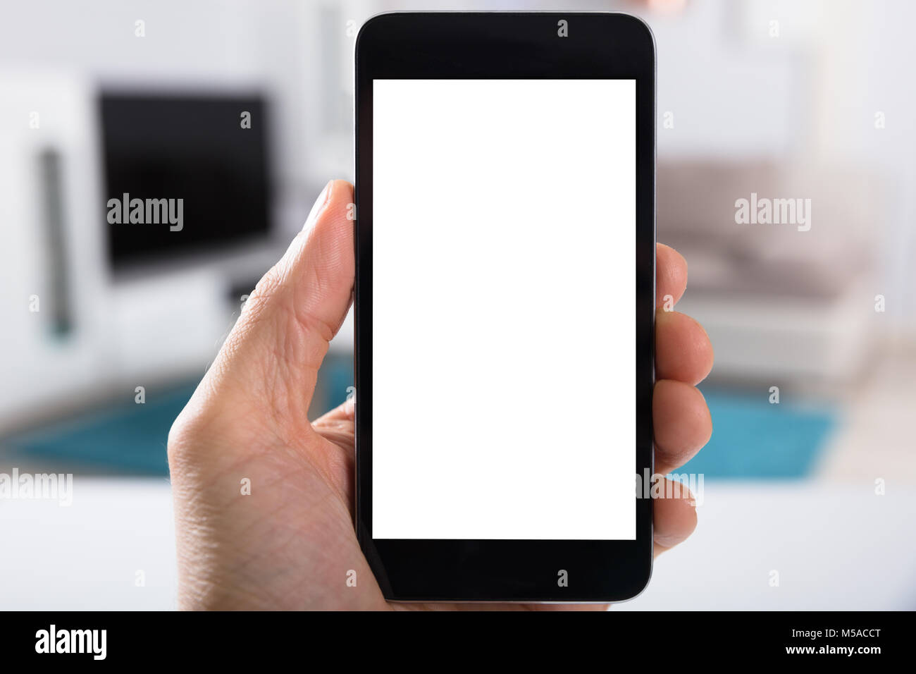 Close-up Of A Person's Hand Holding Smartphone With Blank White Screen ...