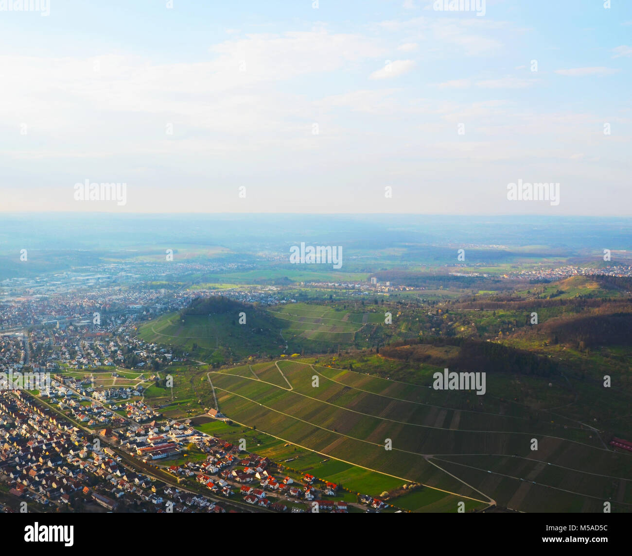 Aerial view of South Germany with beautiful rays of light on the ...