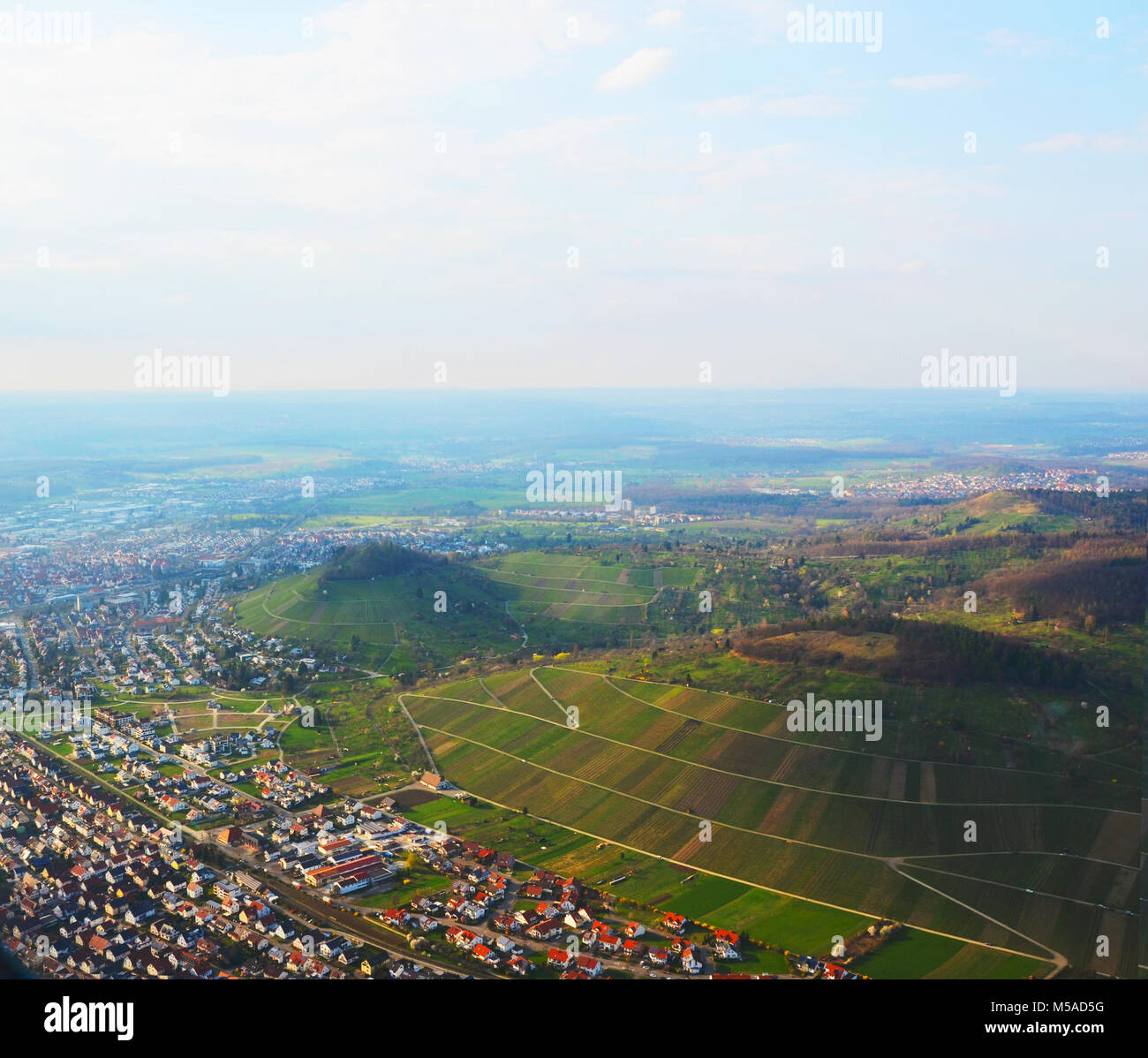 Aerial view of South Germany with beautiful rays of light on the ...
