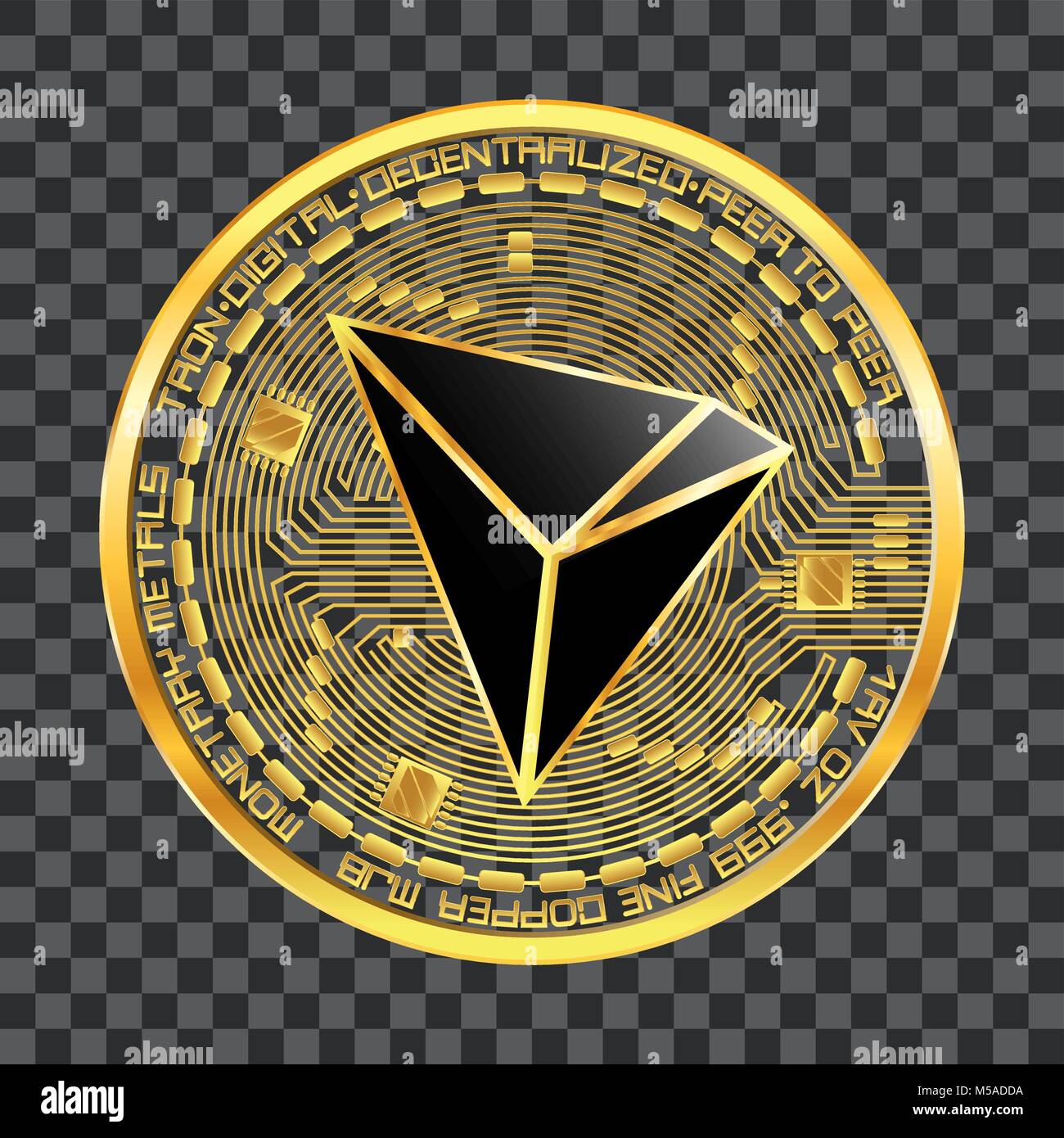 Crypto currency golden coin with black lackered tron symbol on obverse ...
