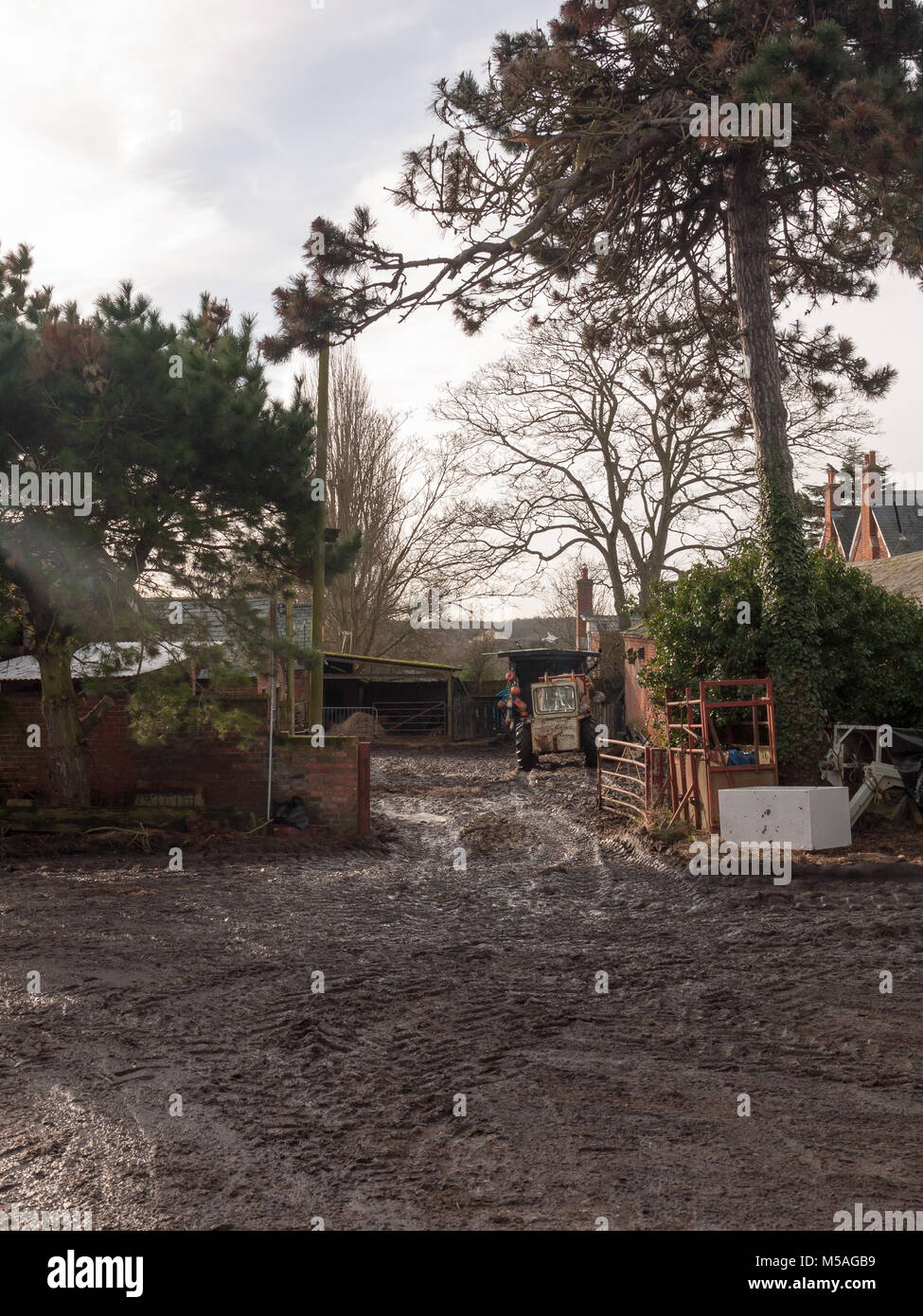 farm house front scene small old tractor muddy roads unique retro ...