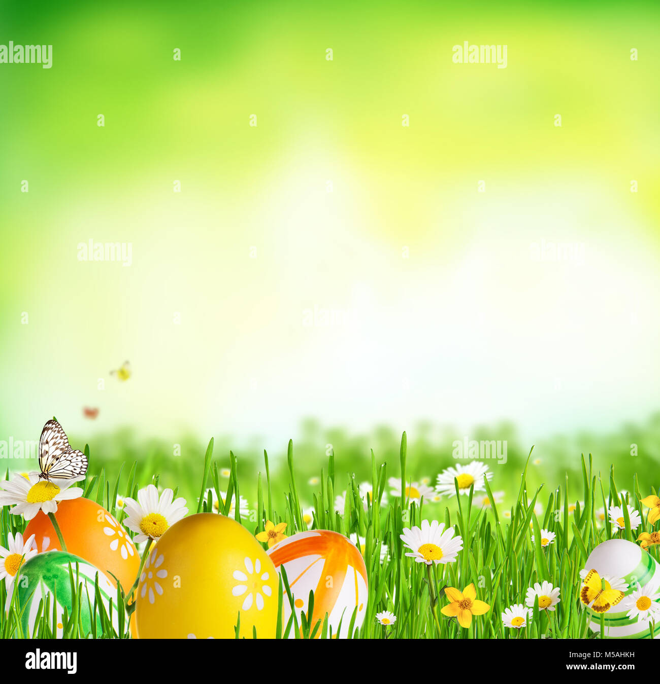 Idyllic spring meadow with Easter eggs and butterflies with green ...